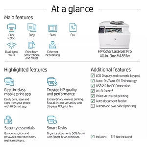 HP Laserjet Pro MFP M183FW All-in-One Wireless Color Laser Printer, Print&Copy&Scan&Fax, 16ppm, 600x600 dpi, Mobile Printing, 2-line Display, 35-Page ADF, Lanbertent Printer Cable