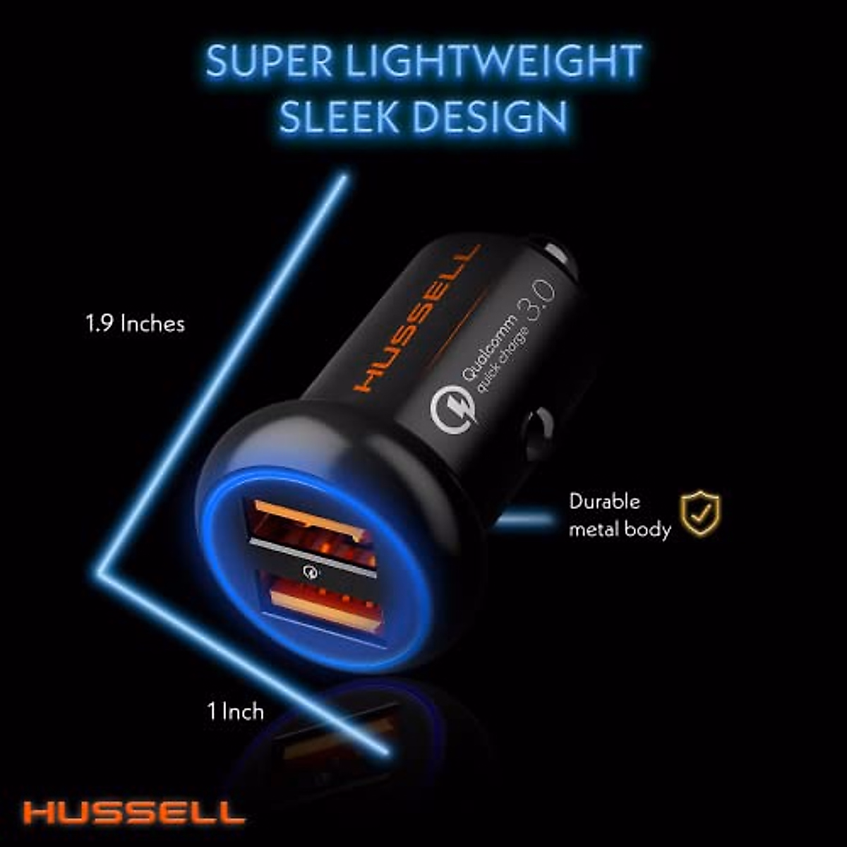 Hussell Car Charger Adapter for Cigarette Lighter - Fast Charge, Mini, Aluminum, Portable 3.0 Car Chargers with Dual USB Ports - Compatible with iPhone, Android, Samsung Galaxy - Stocking Stuffers