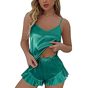 Samring Women's Silk Satin Pajamas Set 2 Pcs Silky Pj Sets Sleepwear Cami Nightwear Gift Green L