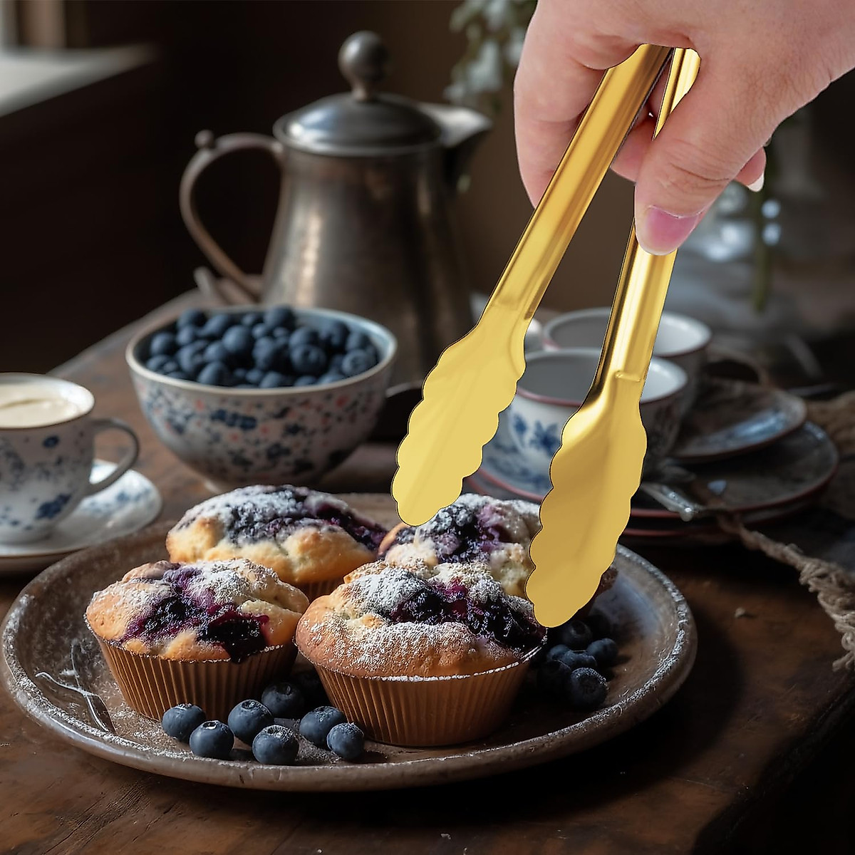 4 Pack Gold Serving Tongs XEVOM Gold Buffet Tongs Serving Utensils Salad Tongs Stainless Steel Gold Plated Buffet Serving Tongs,9 Inch