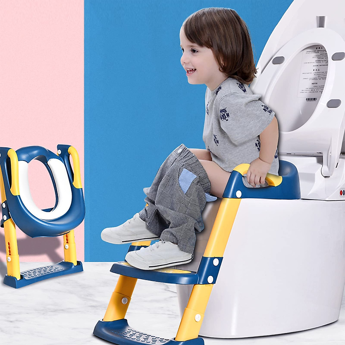 Potty Training Toilet Seat with Step Stool Ladder PU Padded, MateYunkids Foldable Potty Training Chair Seats with Safety Handle, Anti-slip Step Stool Pads for Kids Toddlers