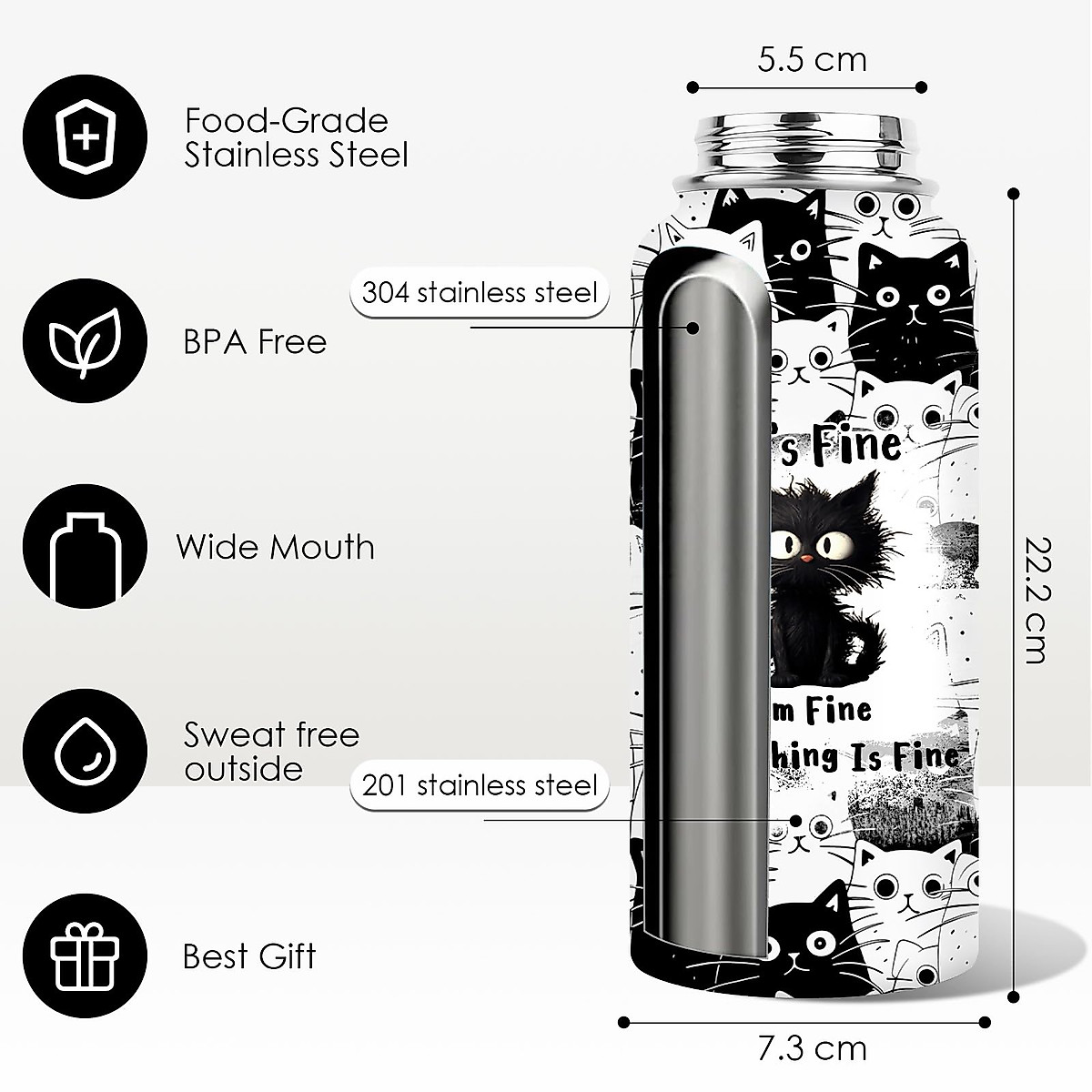 WWHSAI Cat Lover Gifts, Everything Is Fine I'm Fine Black Cats Water Bottle Travel Tumbler 32Oz, Christmas Birthday Gift for Cats Lovers Women Cup Cute Cat Themed Stuff Funny Coffee Mugs