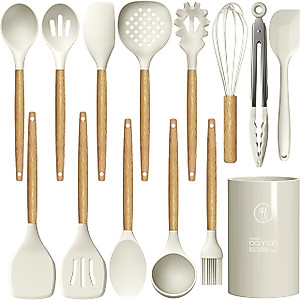 14 Pcs Silicone Cooking Utensils Kitchen Utensil Set - 446°F Heat Resistant,Turner Tongs, Spatula, Spoon, Brush, Whisk, Wooden Handle Kitchen Gadgets with Holder for Nonstick Cookware (BPA Free Khaki)