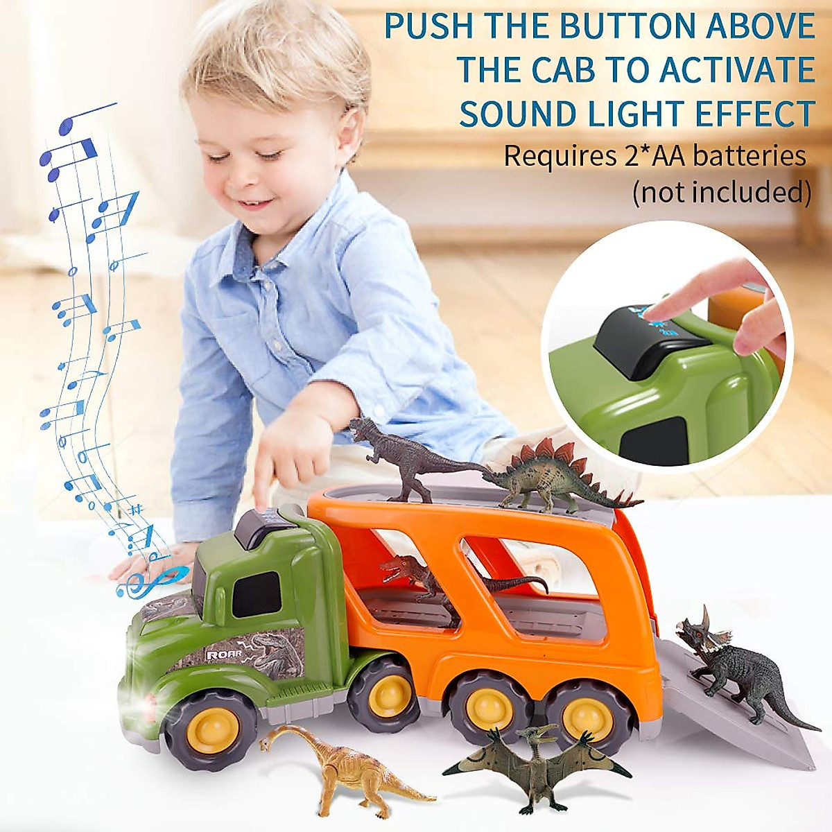 GONGDAO Dinosaur Truck Toy-Toy Truck & 6 Dinosaur Toys, Toys for 3 4 5 6 7 Year Old Boys and Girls Kids Toddlers, Toy Vehicle with Sound & Light, Friction Powered, Ideal Gifts