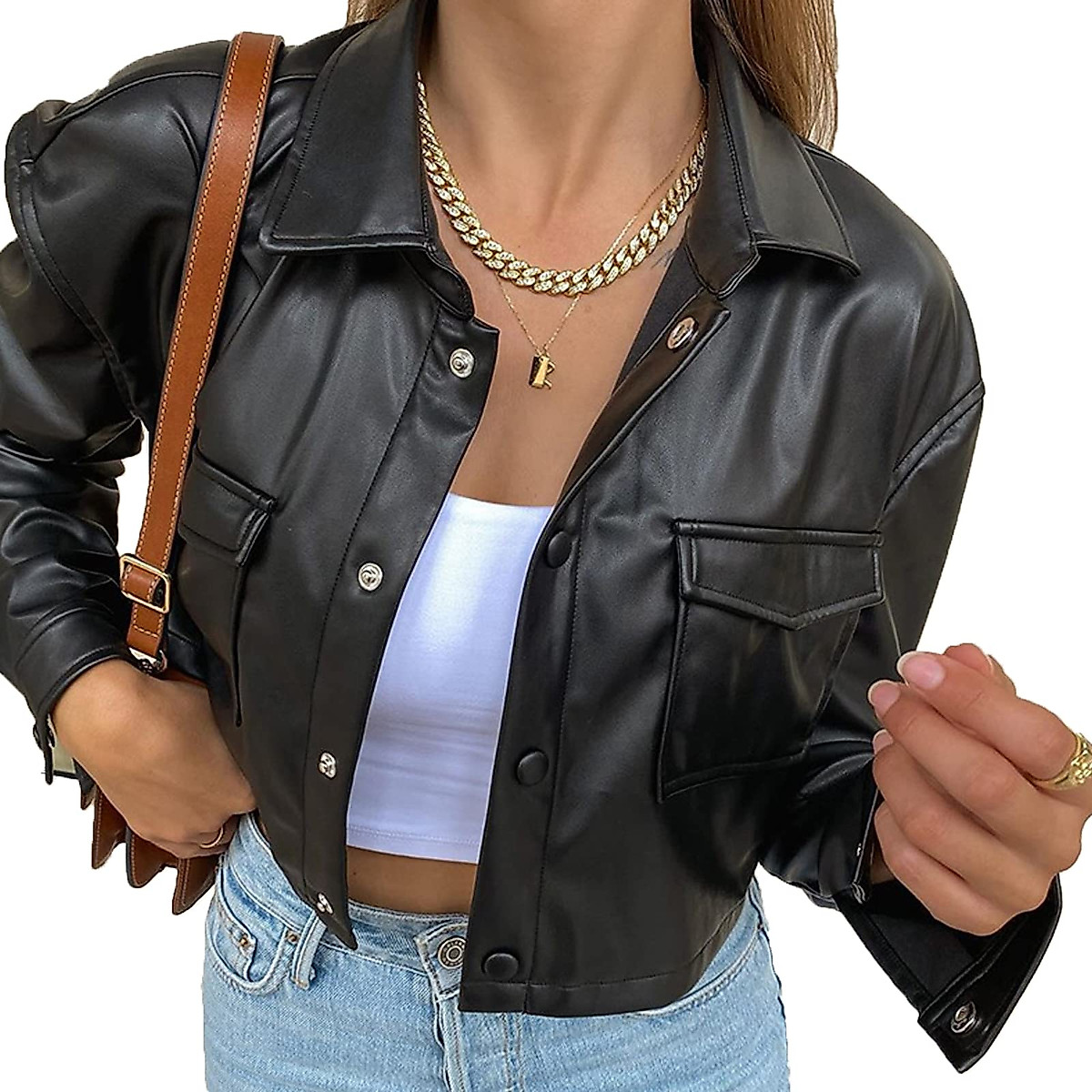 GXFGZZRS Womens Faux Leather Jacket Casual Cropped Motorcycle Coat Snap Front PU Moto Biker Outwear