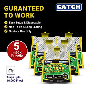 Outdoor Fly Trap Bags (5 Pack), Disposable, Hanging Fly Catcher with Bait, Outdoor Use Fly Hunter Repellent Control Catcher Killer, Flies Trap for Barn, Farm, Mosquito, Bugs, Gnats, Ready to Use