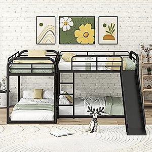 YUNLife&Home L-Shaped Quad Bunk Beds for 4, Full and Twin Size Heavy-Duty Metal Floor Bunk Bed Frame with Slide and Short Ladder for Kids Teens Girls Boys Bedroom Furniture,No Box Spring Needed