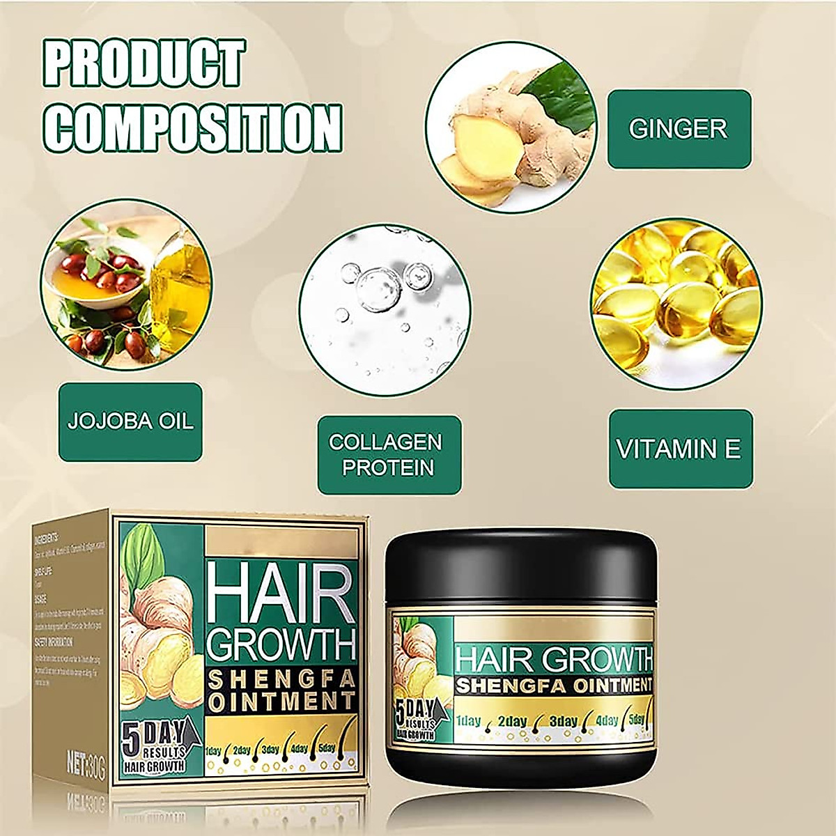Instagrow Hair Growth Ginger Cream, 30g Ginagen Hair Regrowth Ginger Extract Cream, Natural Hair Growth Ointment, Nourishing Scalp Hair Loss Treatment, for Thinning Hair Men Women (5pcs)
