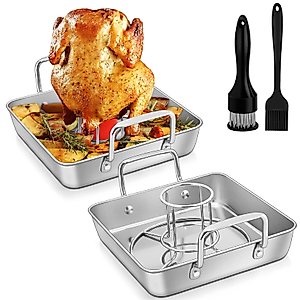 Square Roasting Pan with Beer Can Chicken Holder, Joyfair 9-in Stainless Steel Roaster Baking Pans & Racks for BBQ Grilling/Home Cooking, Heavy Duty & Dishwasher Safe - (2 Pans + 2 Racks, More Tools)
