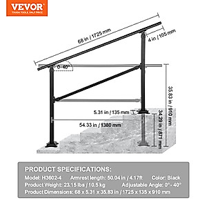 VEVOR Handrail for Outdoor Steps, 4-5 Steps Outdoor Handrail, Adjustable Metal Staircase Handrail, Thickened Stair Railings for Porch Railing, Deck Handrail