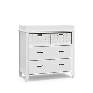 Storkcraft Forrest 2 Drawer Changing Table Chest with Baskets, Attached Changing Topper Fits Standard Size Changing Pad, 2 Drawers and 2 Open Shelves, White