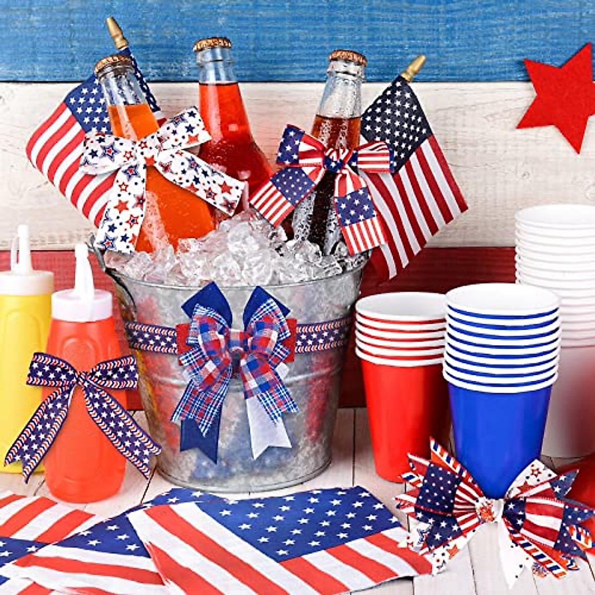 Whaline 8 Roll Independence Day Wired Edge Ribbon Patriotic Star Stripe USA Flag Burlap Ribbon 26 Yard Red Blue White Fabric Ribbon for 4th of July DIY Gift Wrapping Wreath Crafts Decor, 2.5 Inch