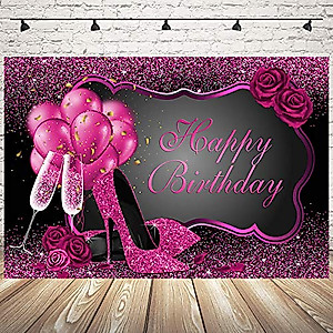 Mocsicka Pink Glitter Women's Birthday Backdrop Pink Champagne Balloons Roses Birthday Party Decorations Photography Background Sweet Girl's Birthday Photo Backdrops (7'x5')