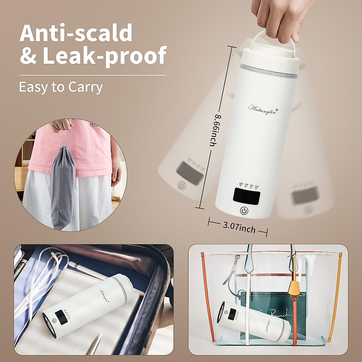 Portable Bottle Warmer for Travel, 17 Oz Milk Warmer, 4 Temperature Control & Auto Shut-Off, Fast Boil Hot Water Warmer, Perfect for Travel&Hotel Use,Electric Kettle with Handy（White，Non-Rechargeable）