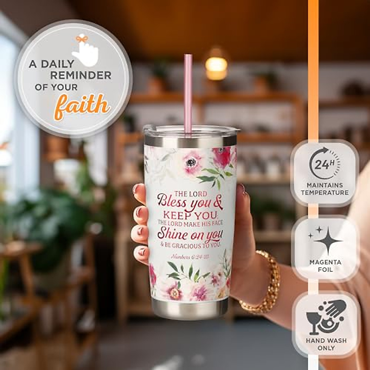 Christian Art Gifts Stainless Steel Double-Wall Vacuum Insulated Tumbler w/Straw & Lid 18 oz Pink Floral Inspirational Bible Verse Travel Mug for Women- Bless You and Keep You -Numbers 6:24-25