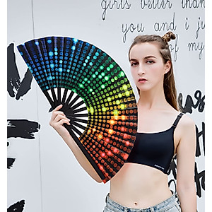 Amajiji UV Glow Rave Folding Hand Fan for Festivals/DragQueen/Burlesque, Large Clack Festival Hand Fan Rave Accessories for WomenWomen/Men (Dj Light)