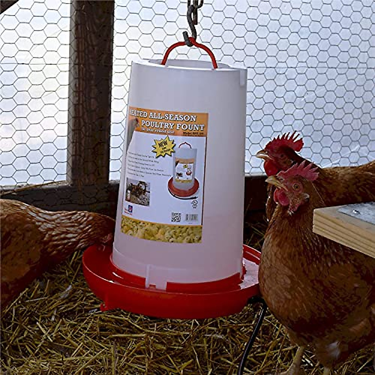 Farm Innovators Model HPF-100 "All-Seasons" Heated Plastic Poultry Fountain For Chicken, 3 Gallon, Red/White, 100-Watt