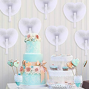 Zwin 48 Pcs Heart Shaped Paper Fans for Wedding Pocket Folding Paper Fans with Plastic Handle White Blank Fans for Guest Celebration Party Decoration