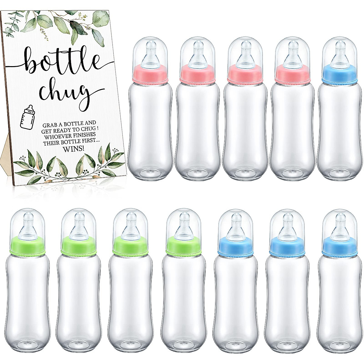 Roowest Baby Bottles for Baby Shower Games Bottle Chug 12 Pcs Plastic Baby Bottles Bulk and Bottle Chug Sign Baby Bottle Chugging Games for Party Gender Reveal Wedding Bridal Shower(Green Leaves)