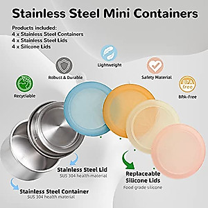 Kieaisy Salad Dressing Container To Go, 4x1.6oz Small Condiment Containers with Lids, Stainless Steel Leakproof Dips Condiment Containers, Dressing/Sauces/Snacks Container