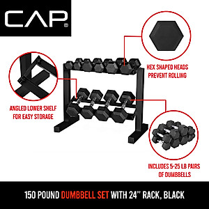 CAP Barbell 150-lb Hex Dumbbell Weight Set with Horizontal Rack