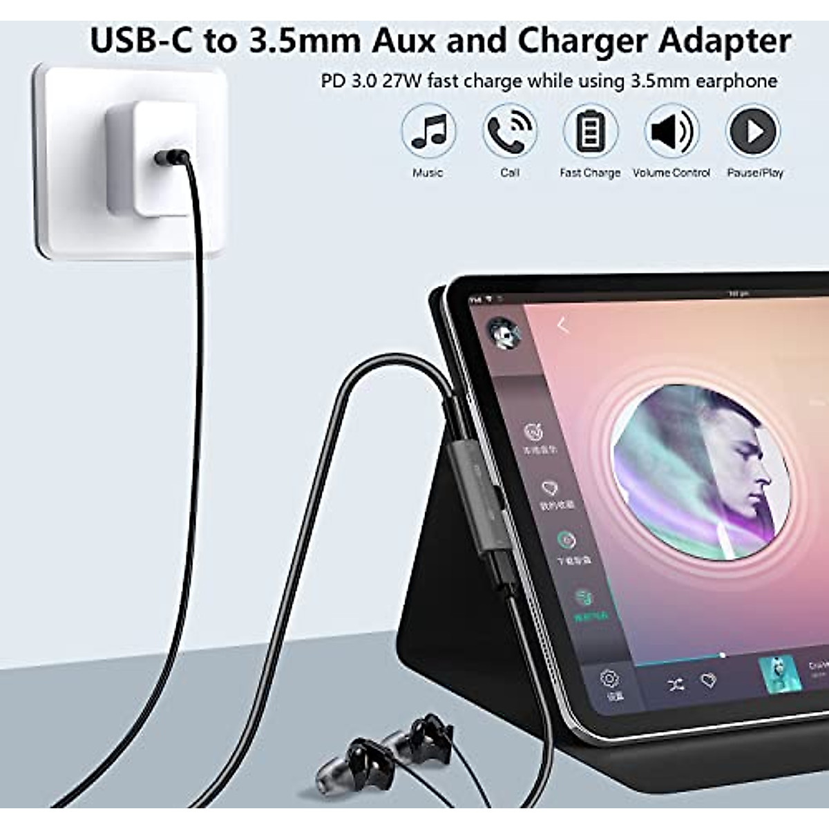 USB C to 3.5mm Audio Headphone Adapter and Charger, 2 in 1 USB C Headphone Jack HiFi DAC with 27W Fast Charging Dongle Adapter Compatible with Galaxy S23 Ultra/S22+/A53/Note 20, Pixel 7/7Pro/6/6Pro/5