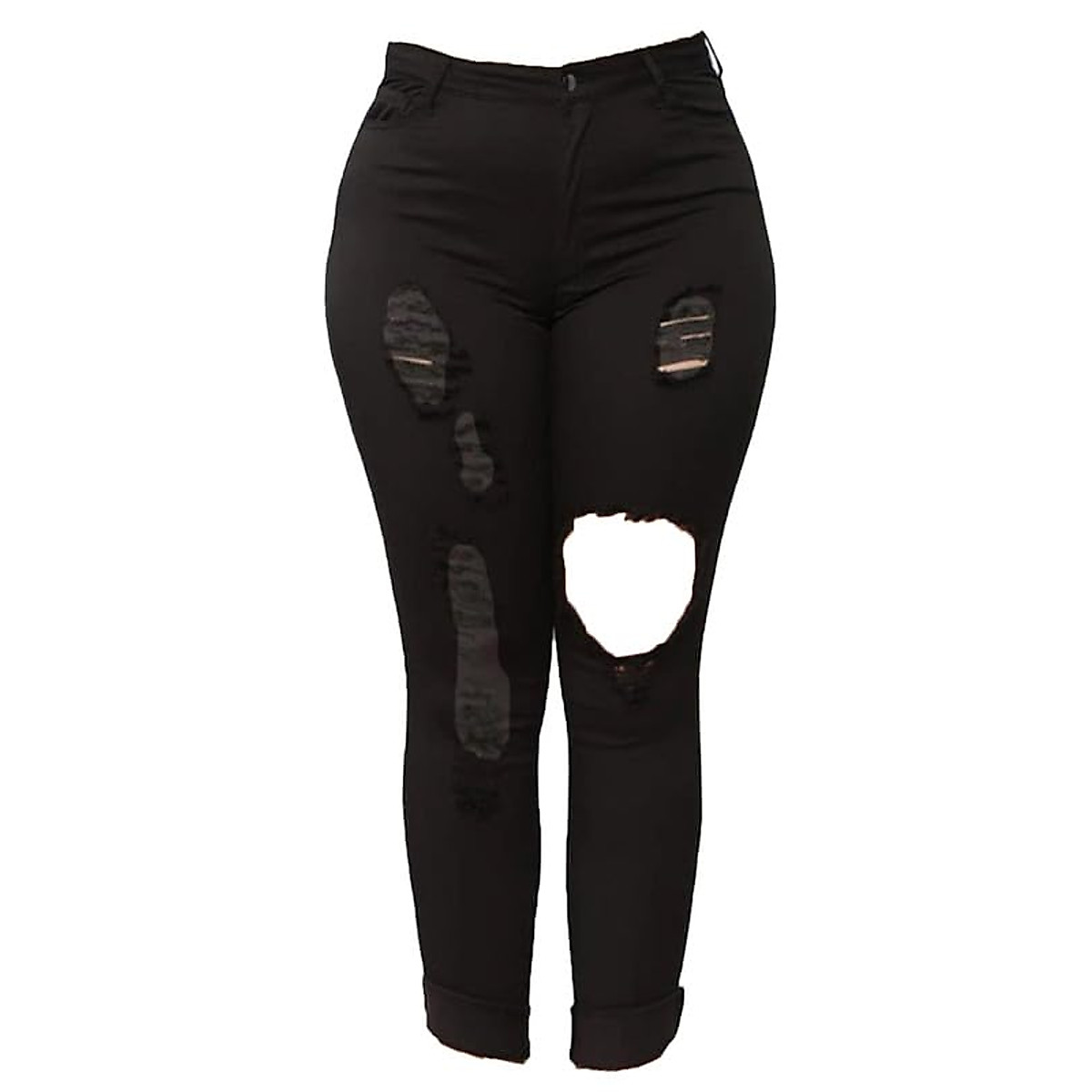 Andongnywell Womens Plus Size Ripped Pants Destroy Blue Denim Roll up Distressed Jeans Pants (Black,XXX-Large)