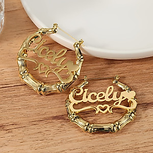 HAOQINA Custom Name Earrings Personalized Bamboo Hoop Earrings 18K Gold Plated Customize Earrings for Women Hip-Hop Fashion Jewelry Gift