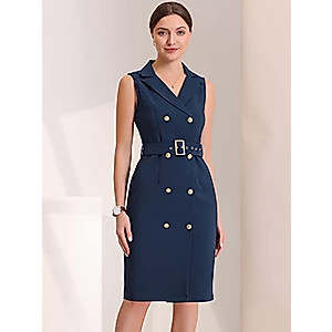 Allegra K Women's Sleeveless Notched Lapel Double Breasted Belted Work Office Blazer Dress X-Large Navy Blue