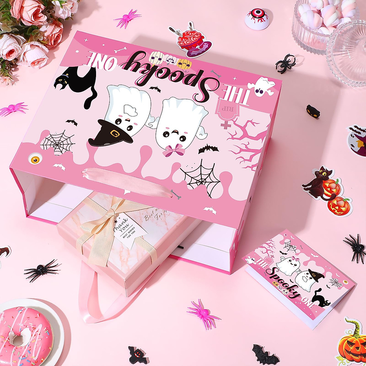 Pink 1st Birthday Gift Bag with Greeting Card Tissue Paper Spooky One Birthday Decorations The Spooky One Gift Bag for Girls First Birthday Decor for Baby Girl 1 Year Old Birthday Party Supplies