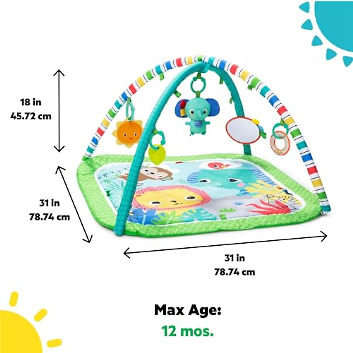 Bright Starts Wild Wiggles Baby Activity Gym & Play Mat with FoldingToy bar, Newborn and up - Green, 18.5” x 29.1” x 29.1”