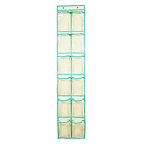 NIMES Hanging Narrow Door Over The Door Shoe Organizer Closet Storage 12 Large Clear Pockets Chart (Beige)
