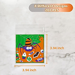 AXYEEUR 200 Pcs Halloween Candy Bags,8 Styles Halloween Self Adhesive Cookie Bags, Clear Cellophane Treat Bags for Halloween Party Favor Supplies