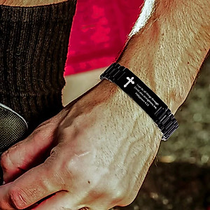 KRFITYA Religious Quote Faith Christian Bible Verse Bracelet Stainless Steel Jesus Cross Scripture Engraved Bracelet Inspirational Encouragement ID Wristband for Men