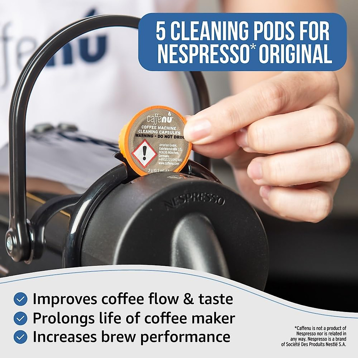Nespresso Compatible Cleaning Pods. 5 Cleaner Capsules. Improved Coffee Flavor. For Nespresso Originaline, Use with Descaling Kit.