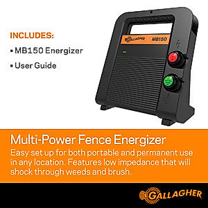 Gallagher MB150 Dual Power Electric Fence Charger | 1.5 Joule 12v Battery or 110v AC Energizer with Adaptive Energy Control | Powers Up to 30 Miles / 100 Acres | Portable and Compact