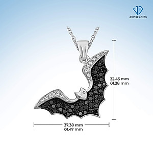 JEWELEXCESS Diamond Bat Necklace Halloween Jewelry – 1 CTW Black and White Diamond Halloween Necklace – Sterling Silver Rope Chain with Bat Pendant – Witchy Jewelry for Women
