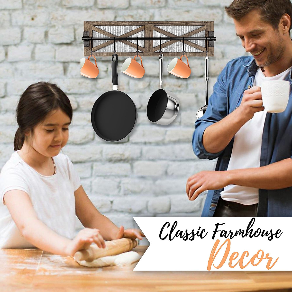 Autumn Alley Rustic Kitchen Utensils Hanging Rack with S Hooks | Wall Mounted Wood Rack for Mugs, Utensils, Pots and Farmhouse Decor | Rustic Wall Decor