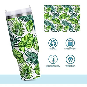 Slewiaeky Tumbler with Handle 40 oz Plant Palm Leaf Cool Travel Mug with Lid and Straw Green Stainless Steel Vacuum Insulated Water Bottle Cup for Iced Tea Coffee Cold Beverages Cup Holder Friendly