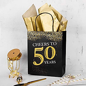 WRAPAHOLIC Medium Size Gift Bags - 12 Pack Cheers to 50 Years Black and Gold Glitter Paper Bags with Gold Tissue Paper for Birthday, Party, Anniversary, Wedding - 8" x 4" x 10"