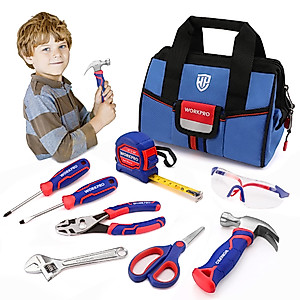 WORKPRO 9-Piece Kids Real Hand Tool Set, Blue Junior Tool Kit with Storage Bag for Boys, Girls, Children DIY Building and Woodworking, Age 8+