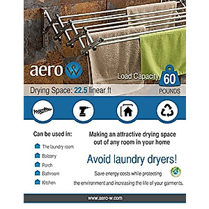 AERO W Racks Stainless Steel Wall Mounted Collapsible Laundry Clothes Drying Rack 60 Pound Capacity 22.5 Linear Ft