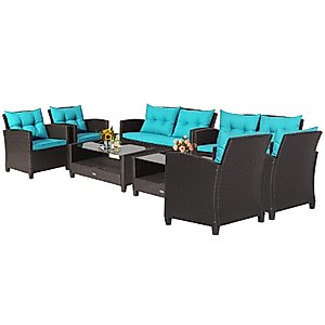 Tangkula 8-Piece Patio Furniture Set, Rattan Wicker Chair Set with 2 Loveseat, 4 Single Sofas, 2 Coffee Table with Tempered Glass Top, Outdoor Furniture Sets for Backyard, Porch, Garden and Poolside