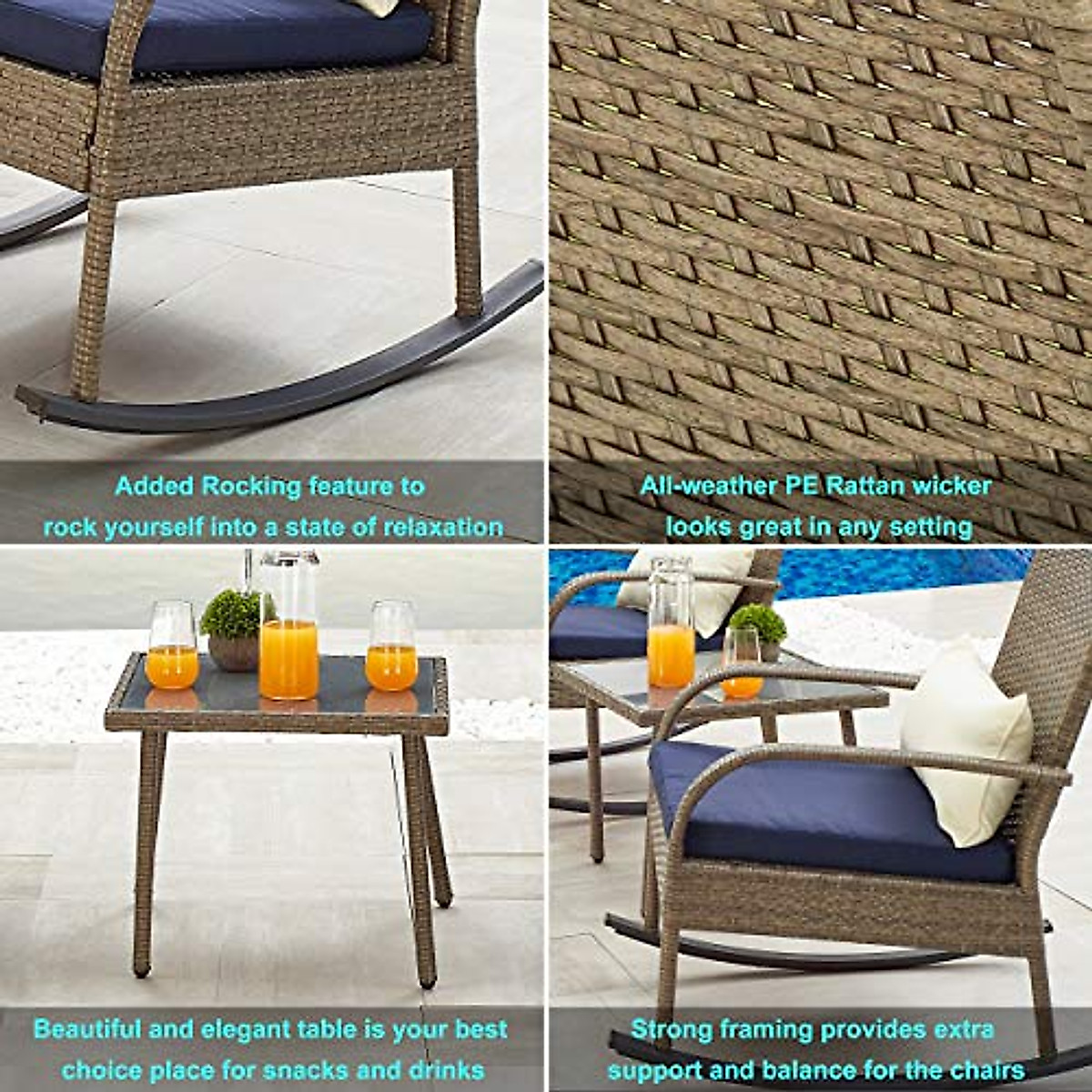 LOKATSE HOME 3 Pcs Outdoor Rattan Conversation Furniture Patio Bistro Wicker Set Modern Rocking Chair with Cushion & Coffee Table, Beige