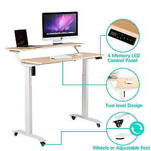 UNICOO - 2 Tier Electric Height Adjustable Standing Desk with Wheels, Electric Mobile Standing Workstation, Sit Stand Desk Home Office Desk Whole-Piece Desk Board 48 * 24 in (KT1002-LW) 2Tier
