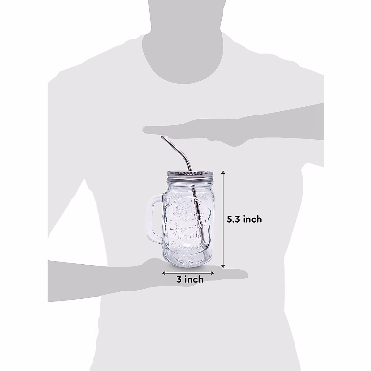 Gift Set Mason Jar Mugs with Handle, Regular Mouth Colorful Lids with 2 Reusable Stainless Steel Straw, Set of 2 (Silver), Kitchen GLASS 16 oz Jars,"Refreshing Ice Cold Drink" & Dishwasher Safe