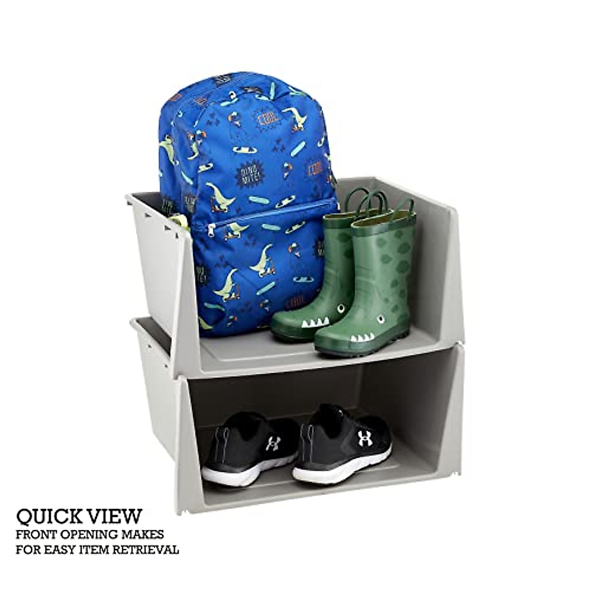 Organize Your Home Stackable Storage Containers with Open Front, 2 Pack, Great Organizing Bins for Pantry, Closet, Bedroom, and all Storage, Grey, 19.8” x 15.2” x 9.3”