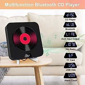 Portable Bluetooth CD Player,Wall Mountable CD Player for Home with Remote Control Dust Cover LCD Display Built-in HiFi Speakers FM Radio,Support CD/MP3/USB/TF/AUX Input Output (Black)