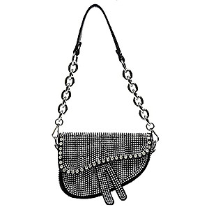 PURFANREE Women Studded Saddle Shoulder Bag Shining Rhinestone Clutch Purse Underarm Handbag Satchel Rivet Crossbody Bag