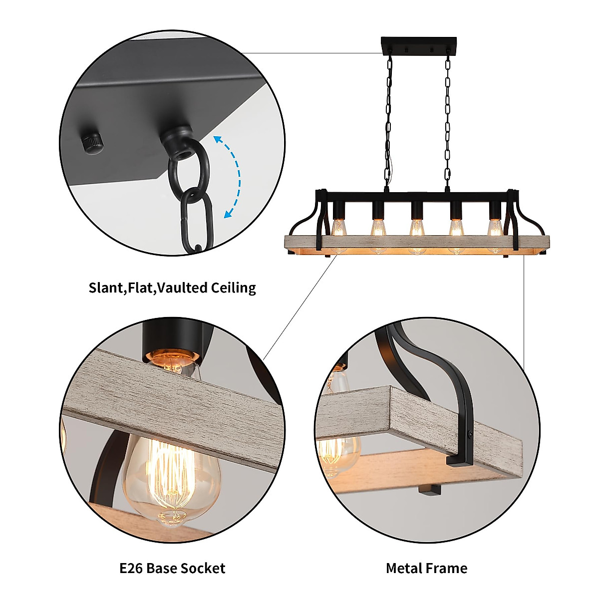 MEIXISUE Chandeliers for Dining Room Kitchen Island Lighting Fixtures Farmhouse Industrial 5-Lights Linear White Birch and Black Metal Finish Chandelier for Living Room UL Listed